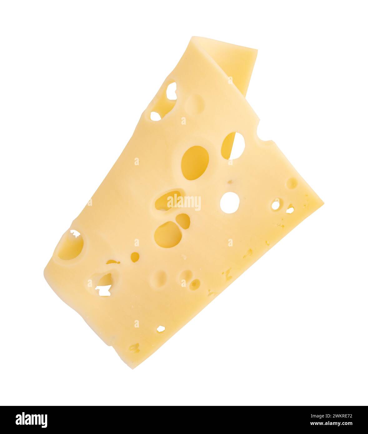 maasdam cheese slice with holes closeup, swiss cheese isolated on white ...
