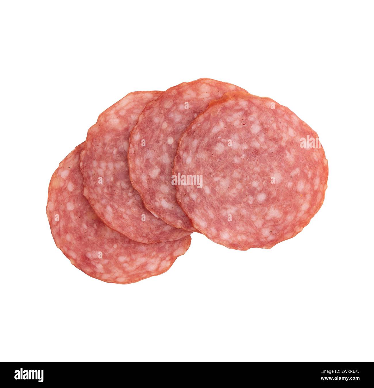pieces of sliced salami sausage laid out to create layout, salami sausage slices isolated on ...