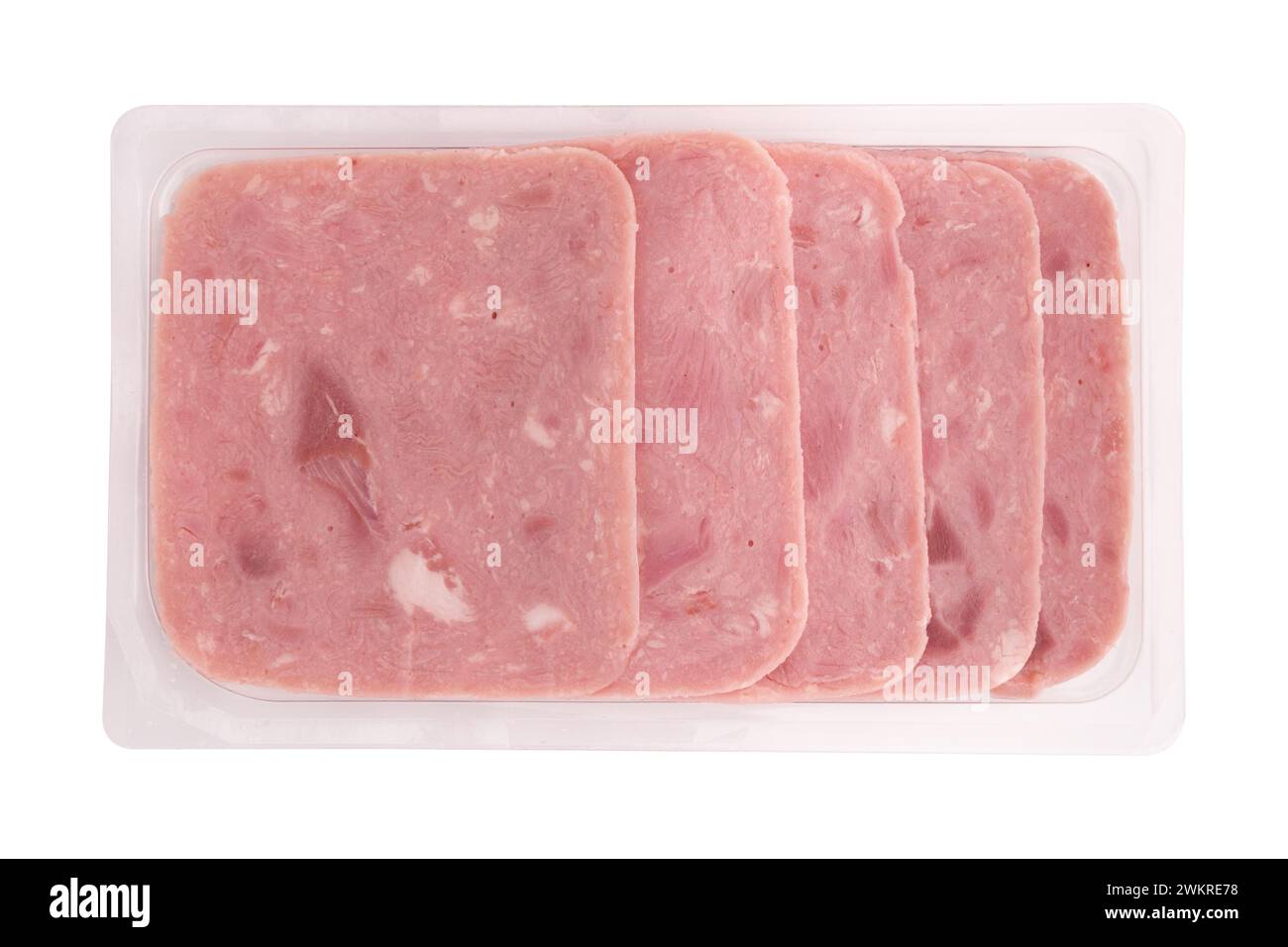 slices of pork ham sausage in plastic package isolated on white ...