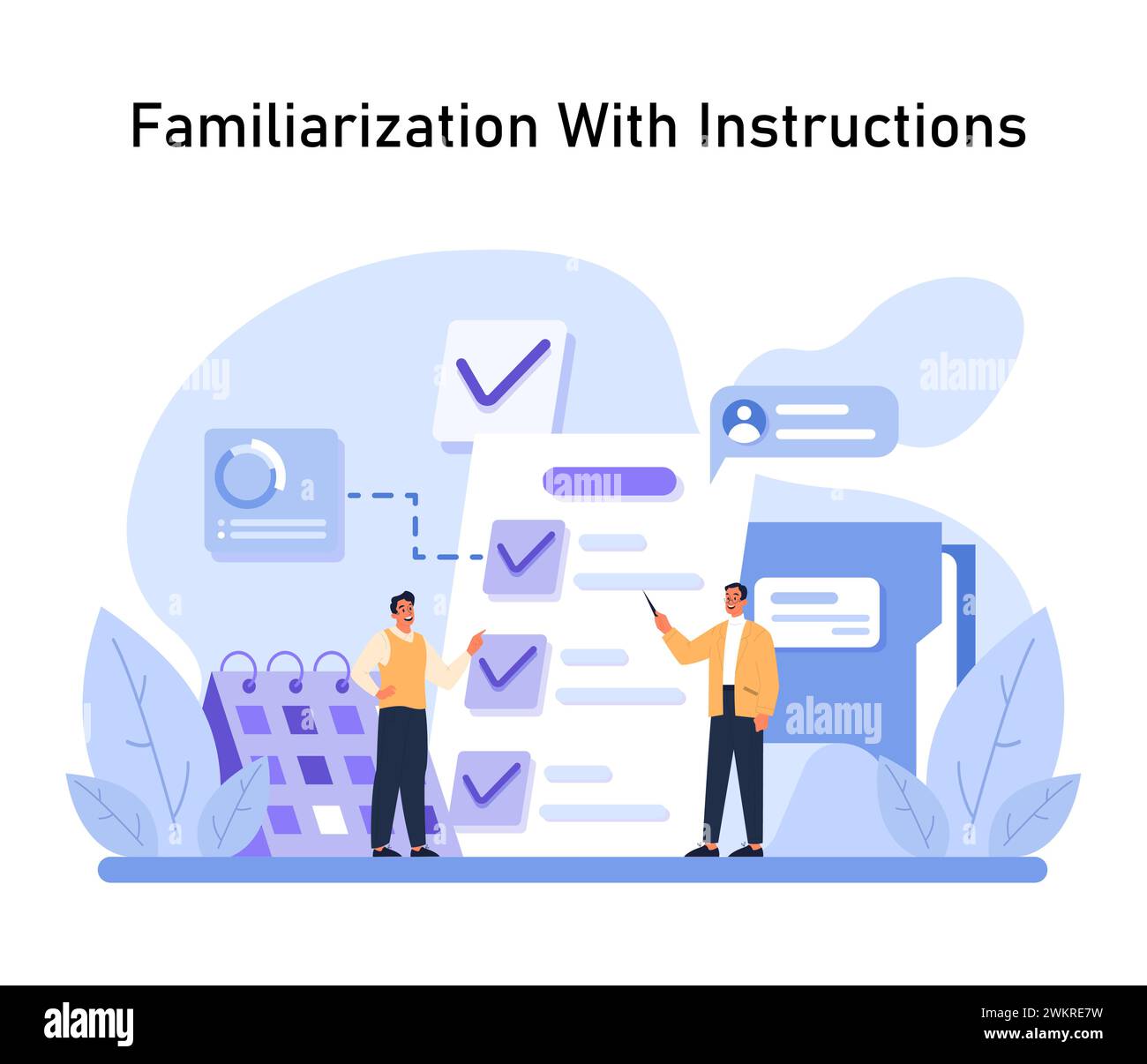 Familiarization With Instructions concept. Employees interact with a ...