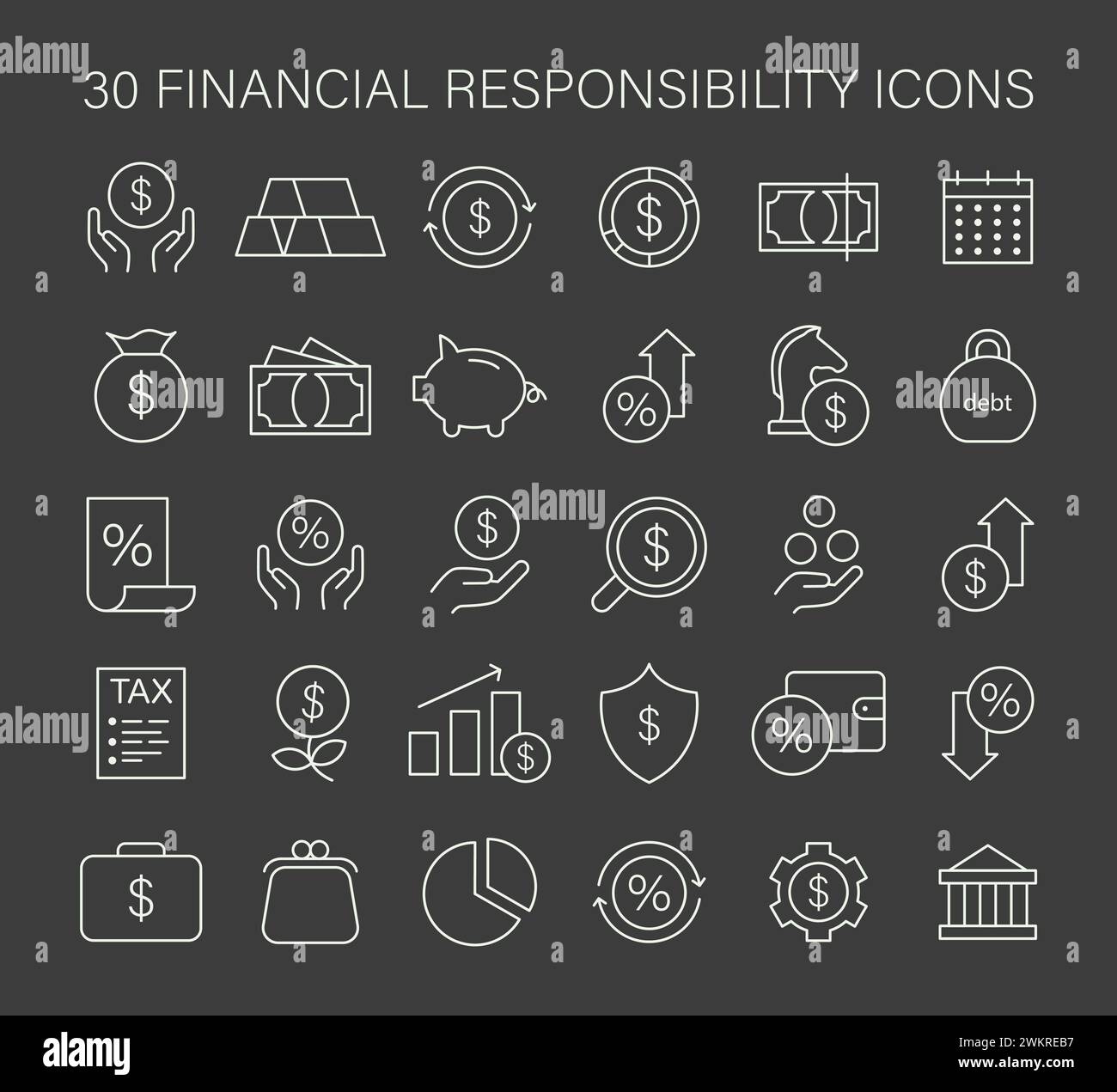 A collection of financial responsibility icons, representing savings ...