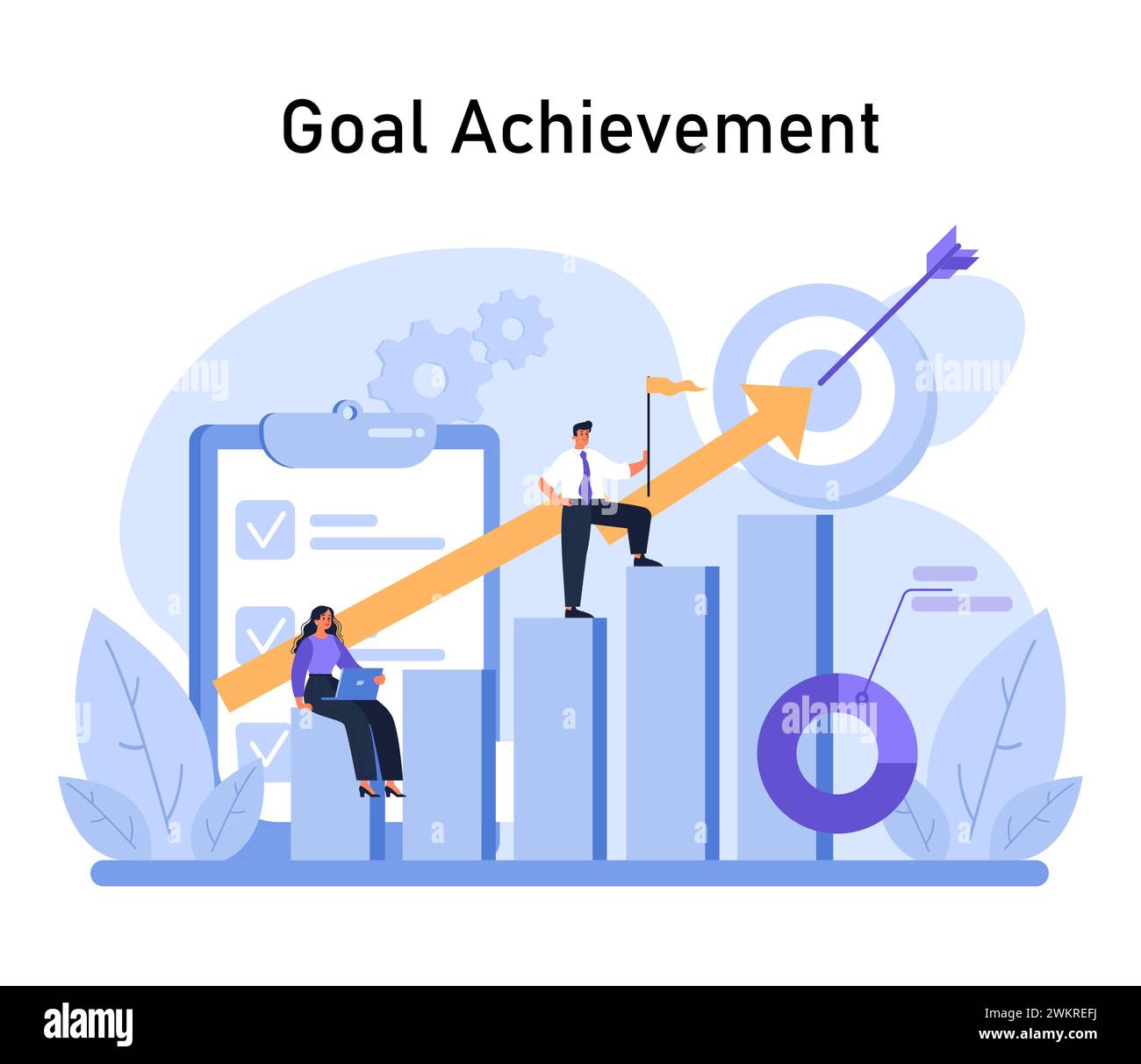 Goal Achievement emphasized. A man triumphantly reaches a peak with a ...