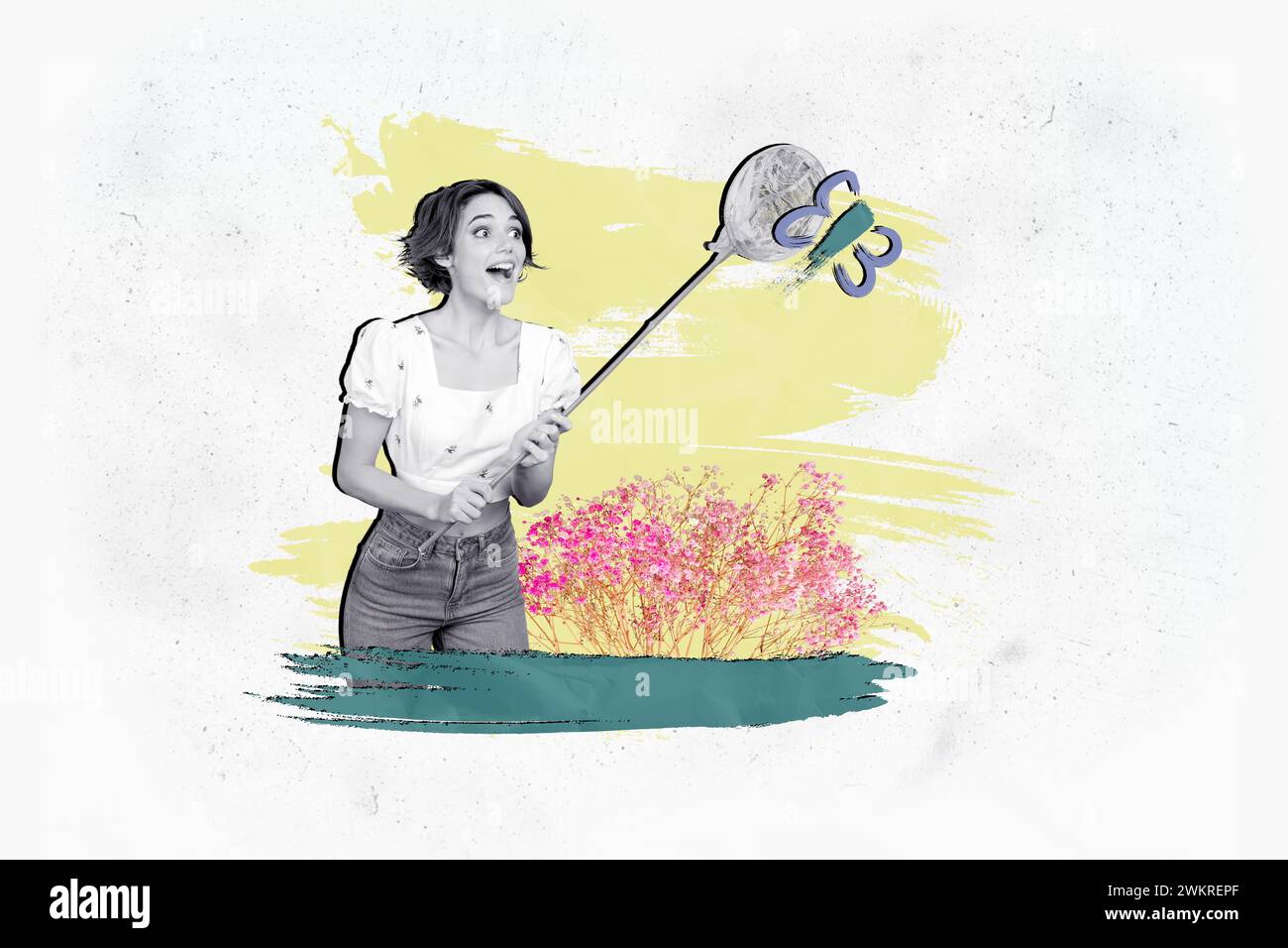 Collage image of astonished black white effect girl hold net catch ...