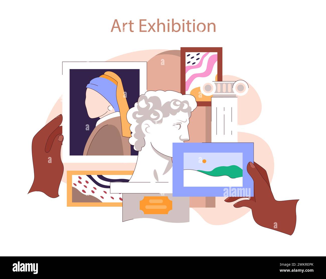 Museum or art gallery. Hands showcase diverse art pieces at an ...