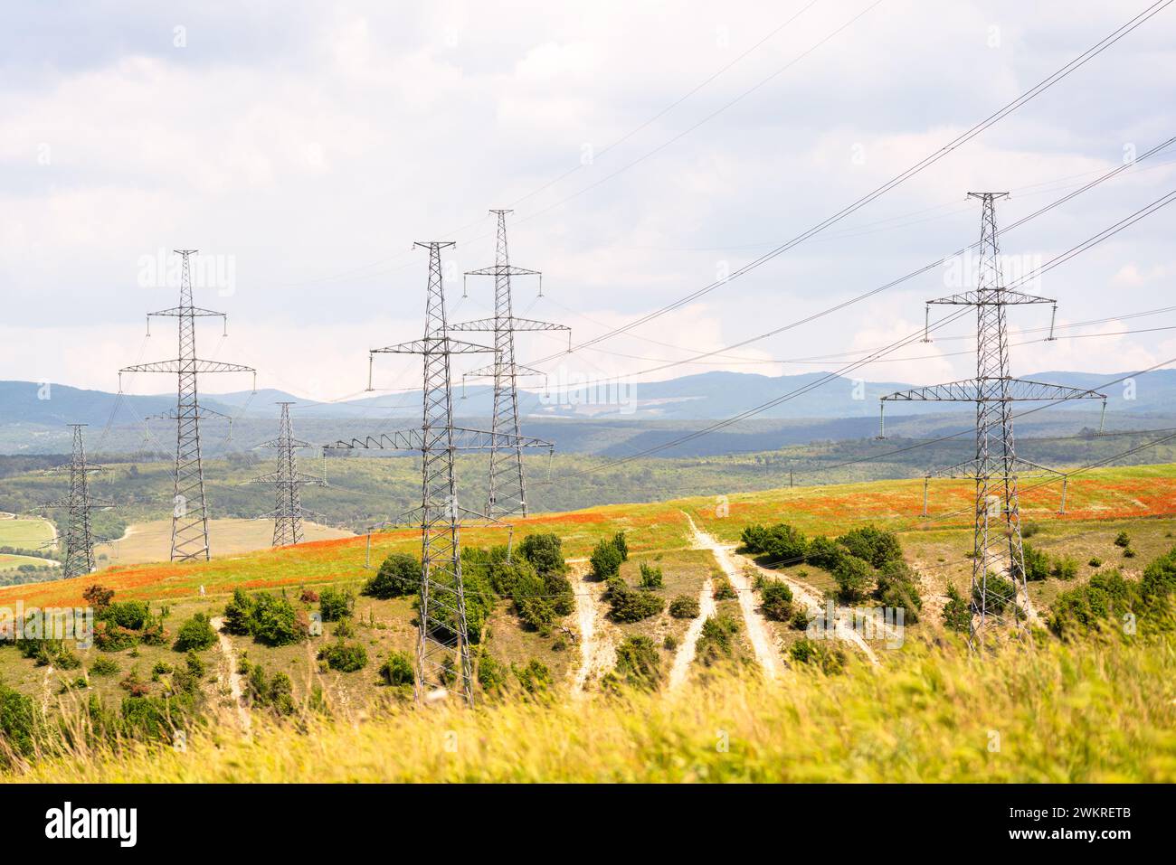 High voltage towers Electric pole. Power line support with wires for ...