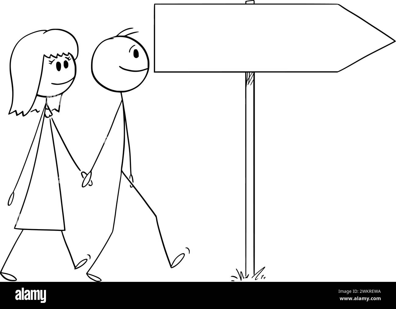 Man And Woman Walking Happily Together Vector Cartoon Stick Figure