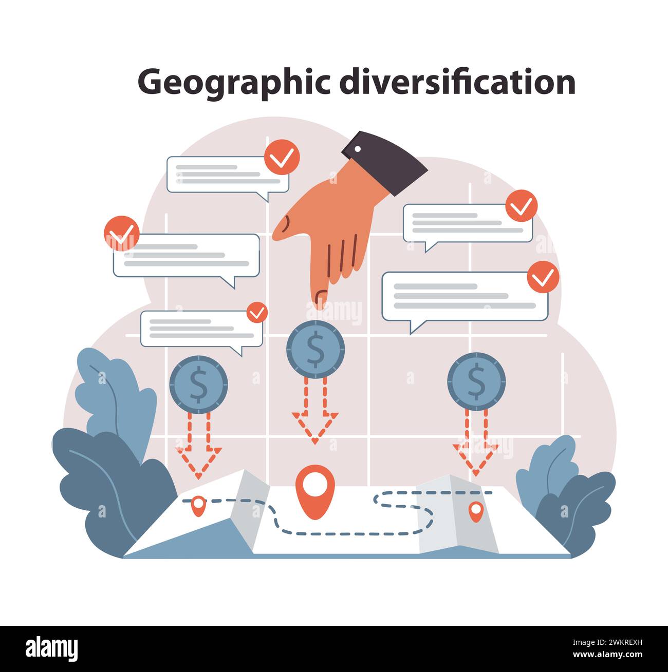 Strategic geographic diversification in investments. Hand guiding money ...