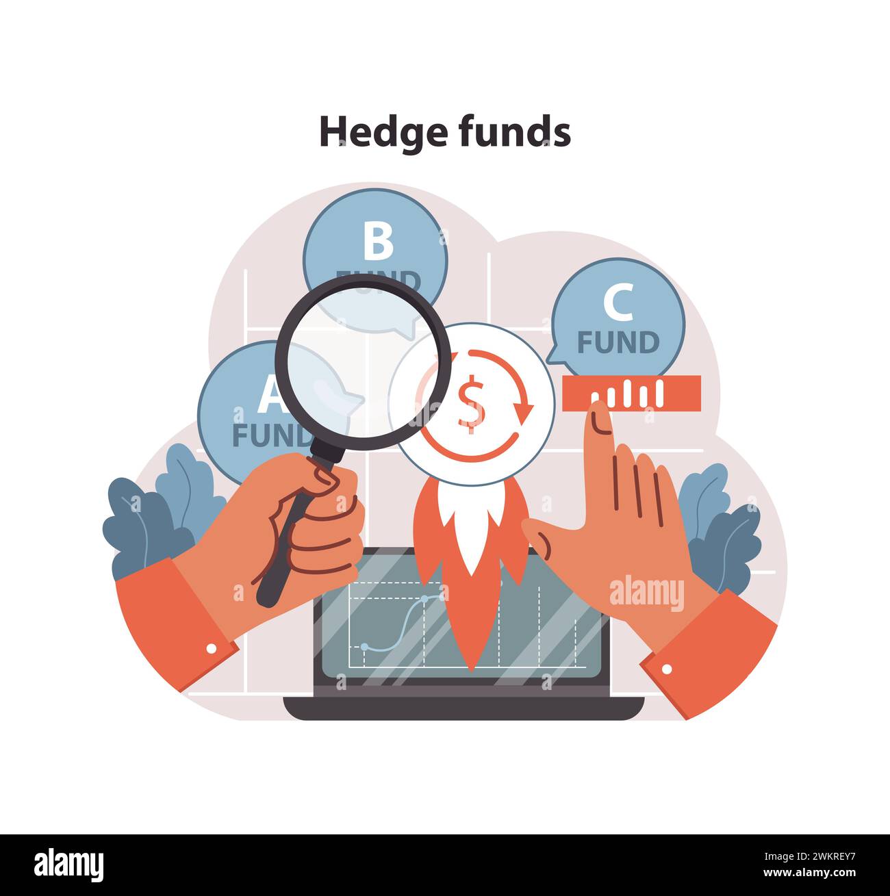 Hedge funds concept. Hands explore diverse portfolios with a magnifying ...