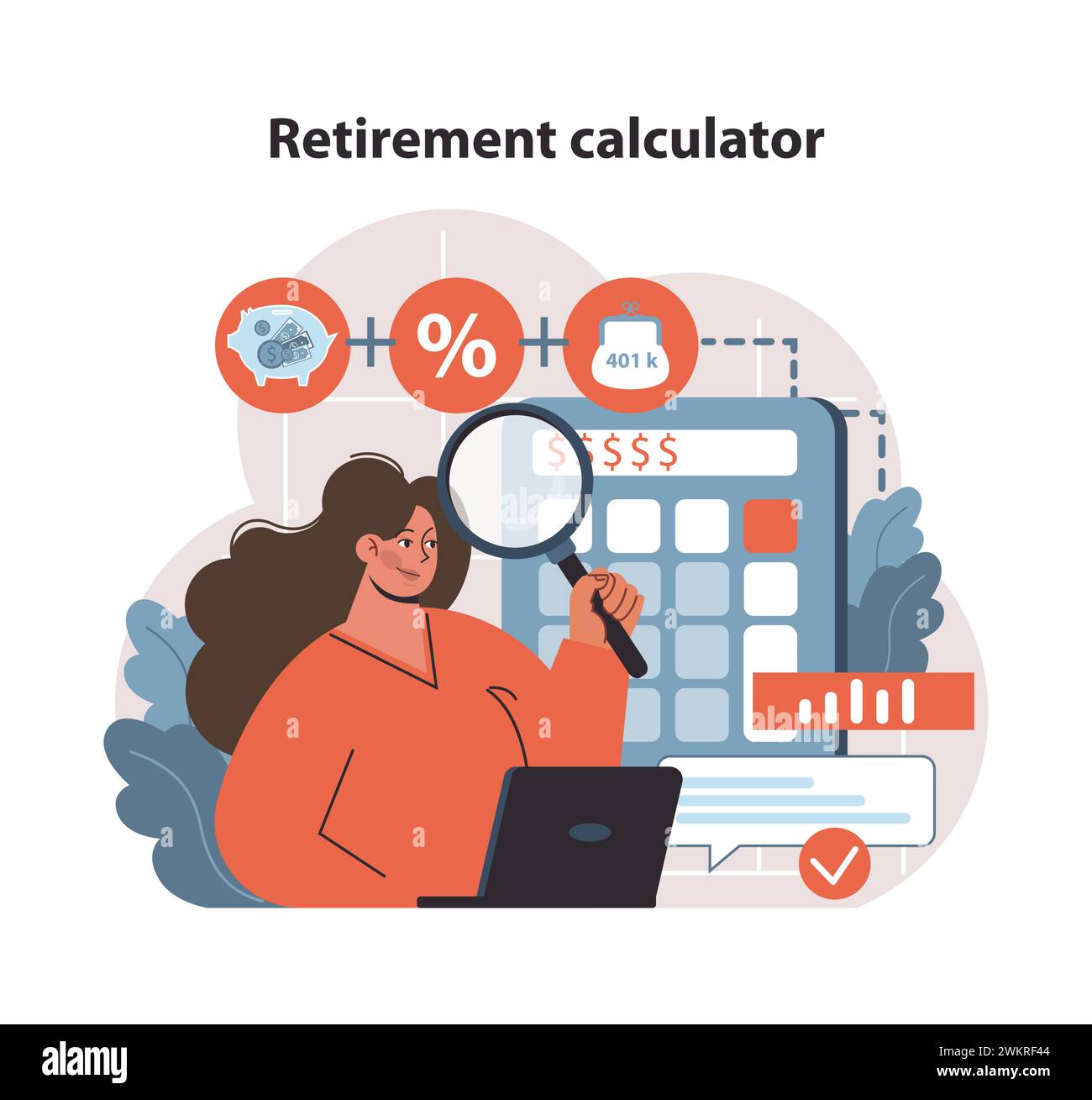 Retirement Calculator concept. Woman scrutinizes 401(k) plans and ...