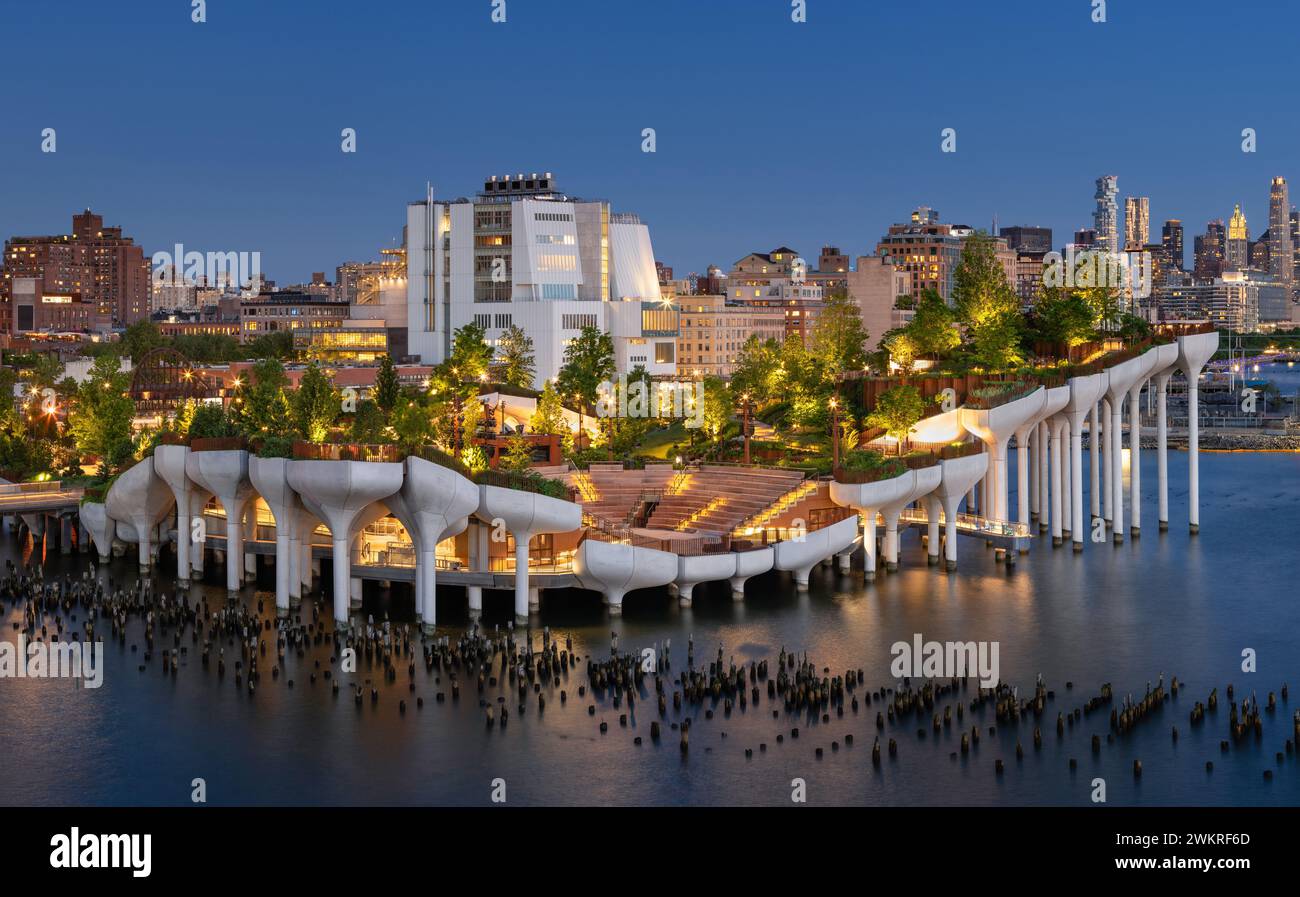 New York City, Little Island public park in evening with amphitheater ...