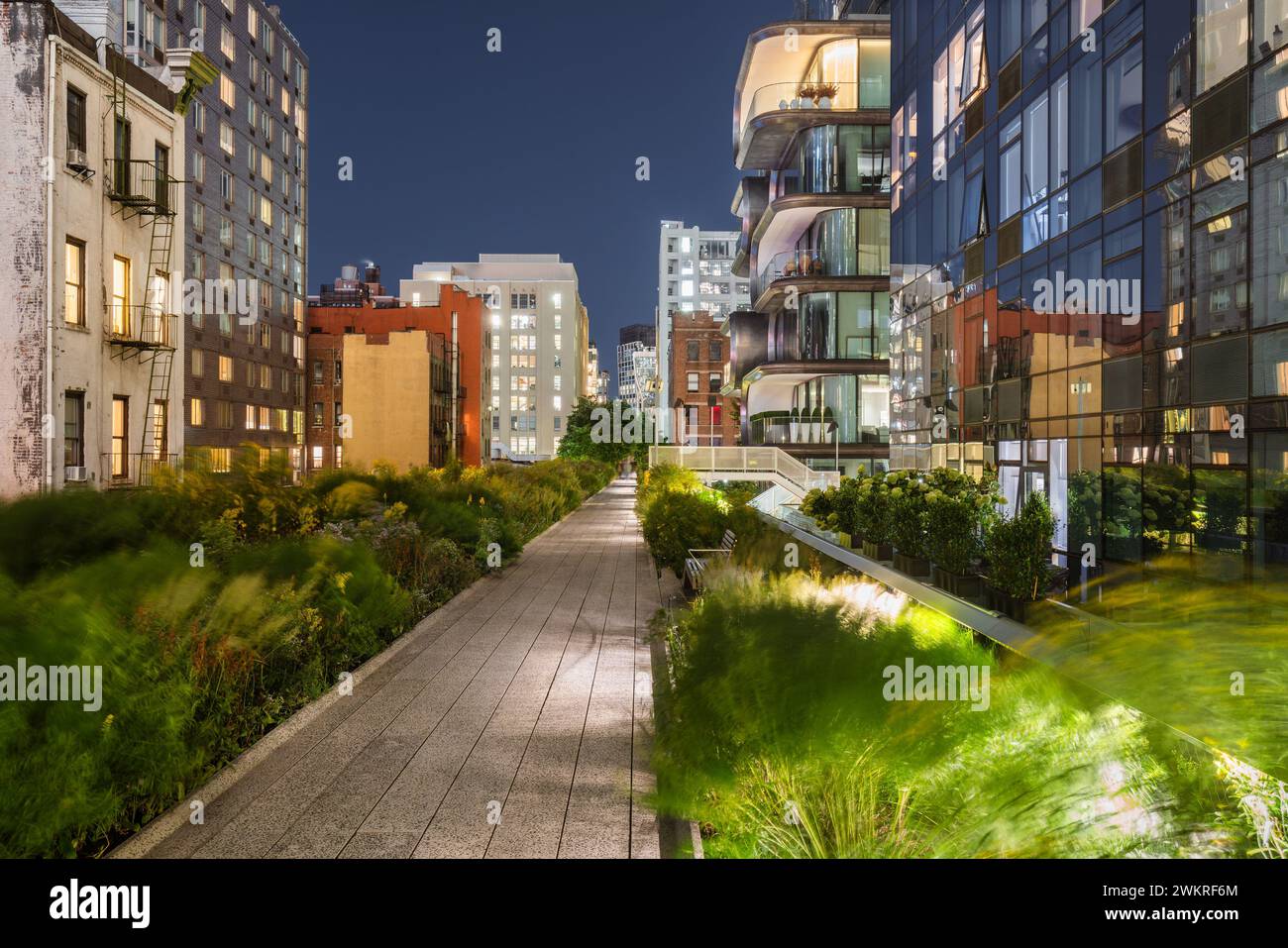 The High Line Park at twilight. Elevated promenade in the heart of ...