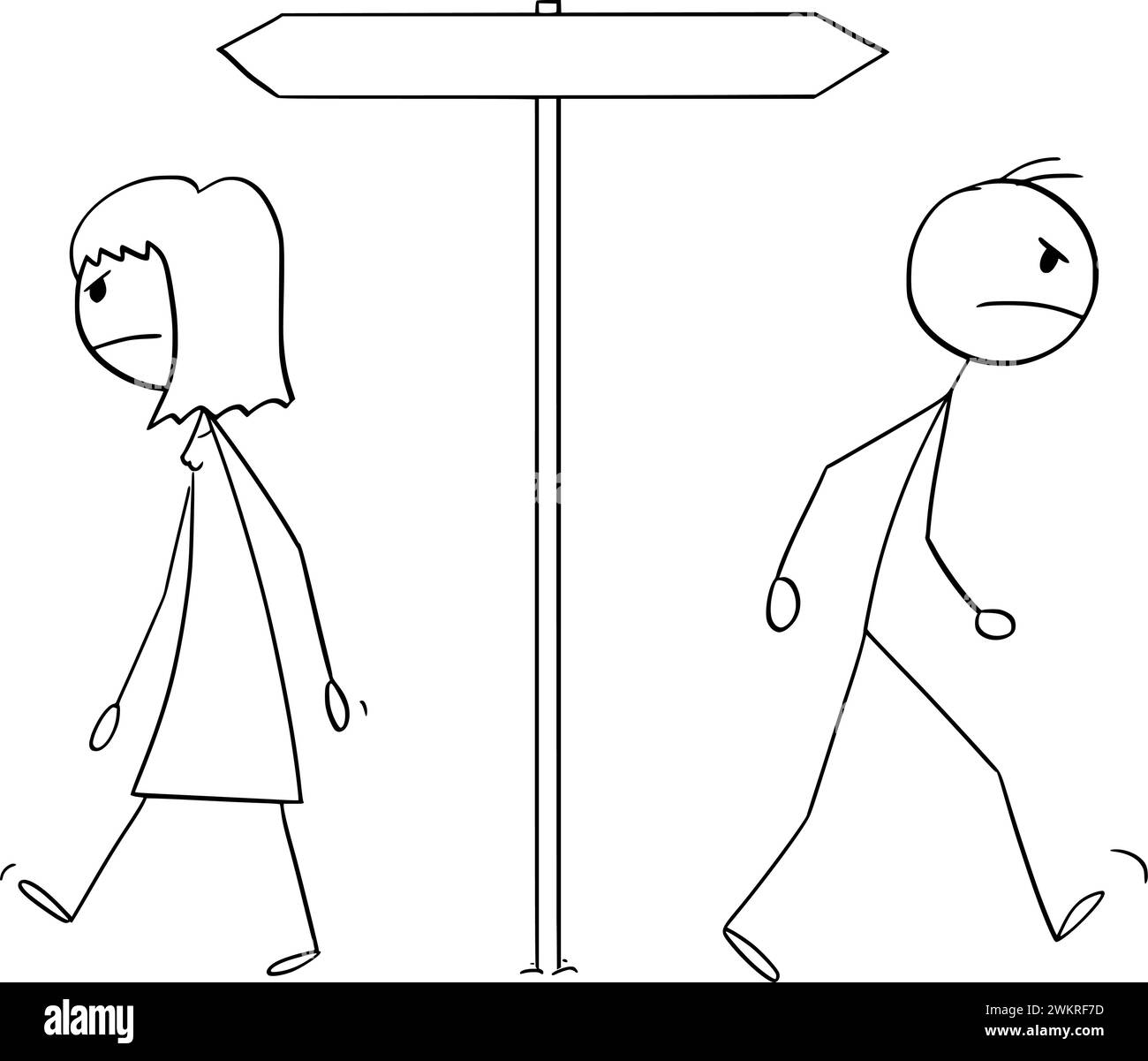 Man And Woman Walking Together And Divorce Vector Cartoon Stick Figure