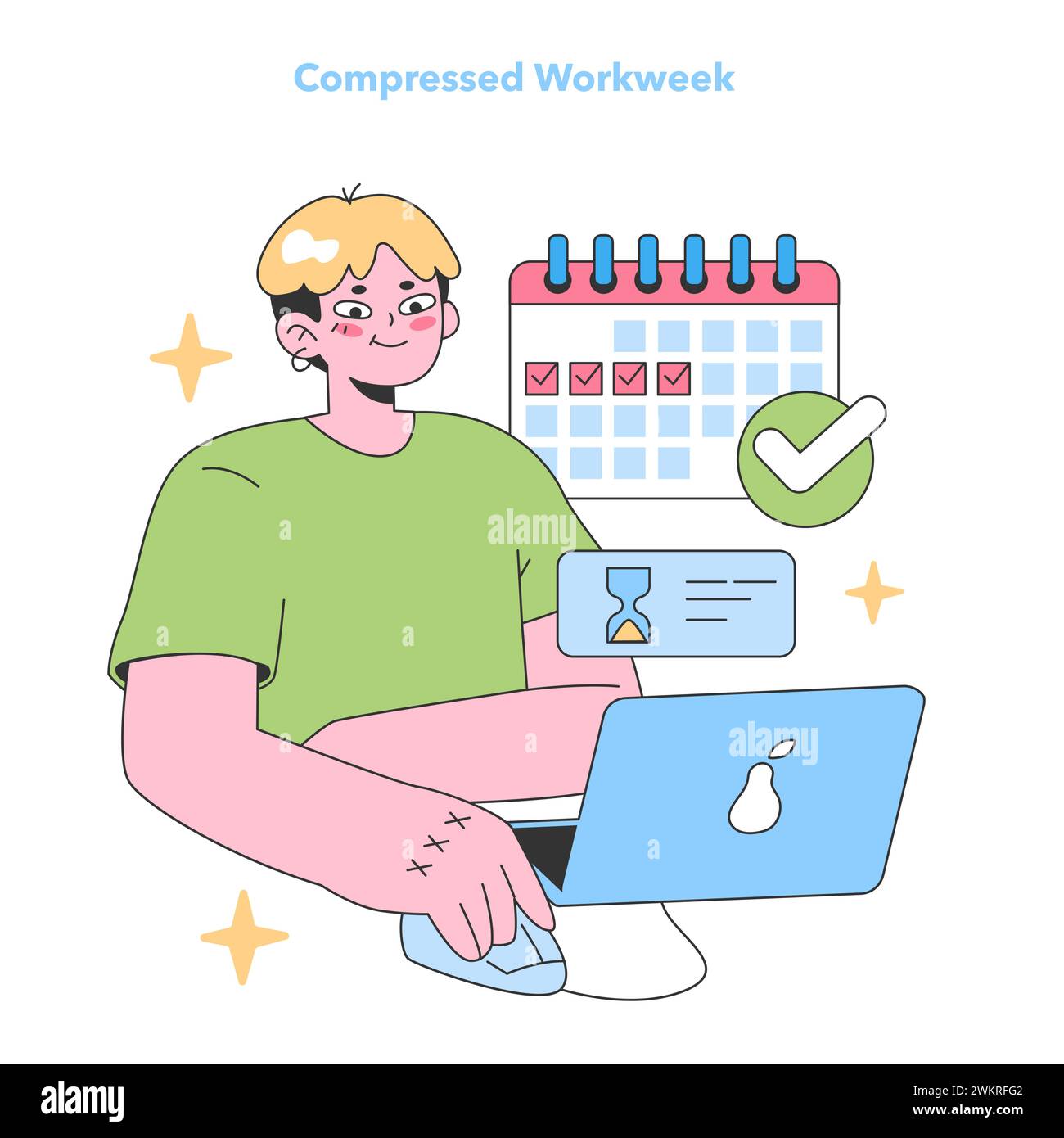 Contented employee with a laptop enjoys a compressed workweek, marking his calendar. Achieving ...