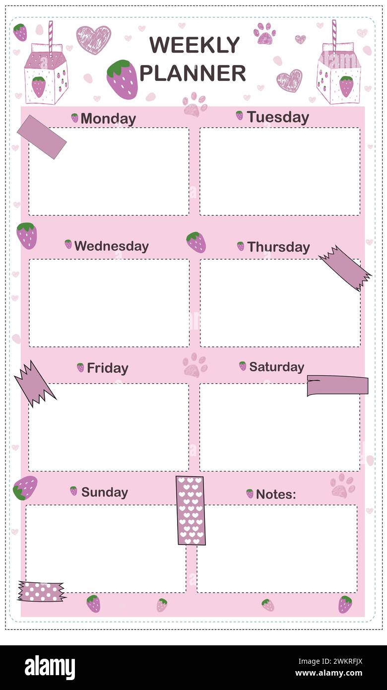 Weekly vertical planner with cute kawaii strawberry milk and cute paw ...