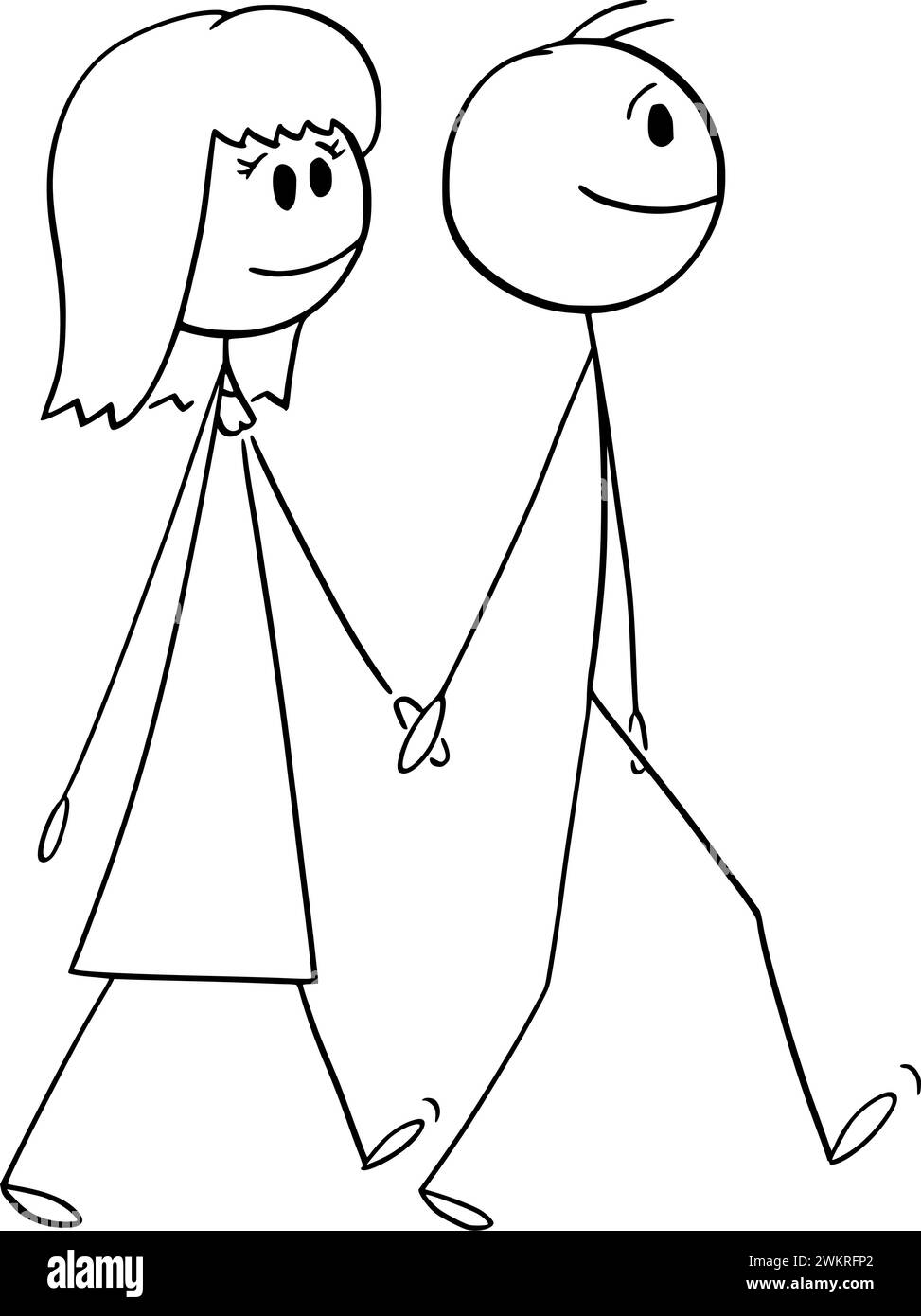 Man And Woman Walking Happily Together Vector Cartoon Stick Figure