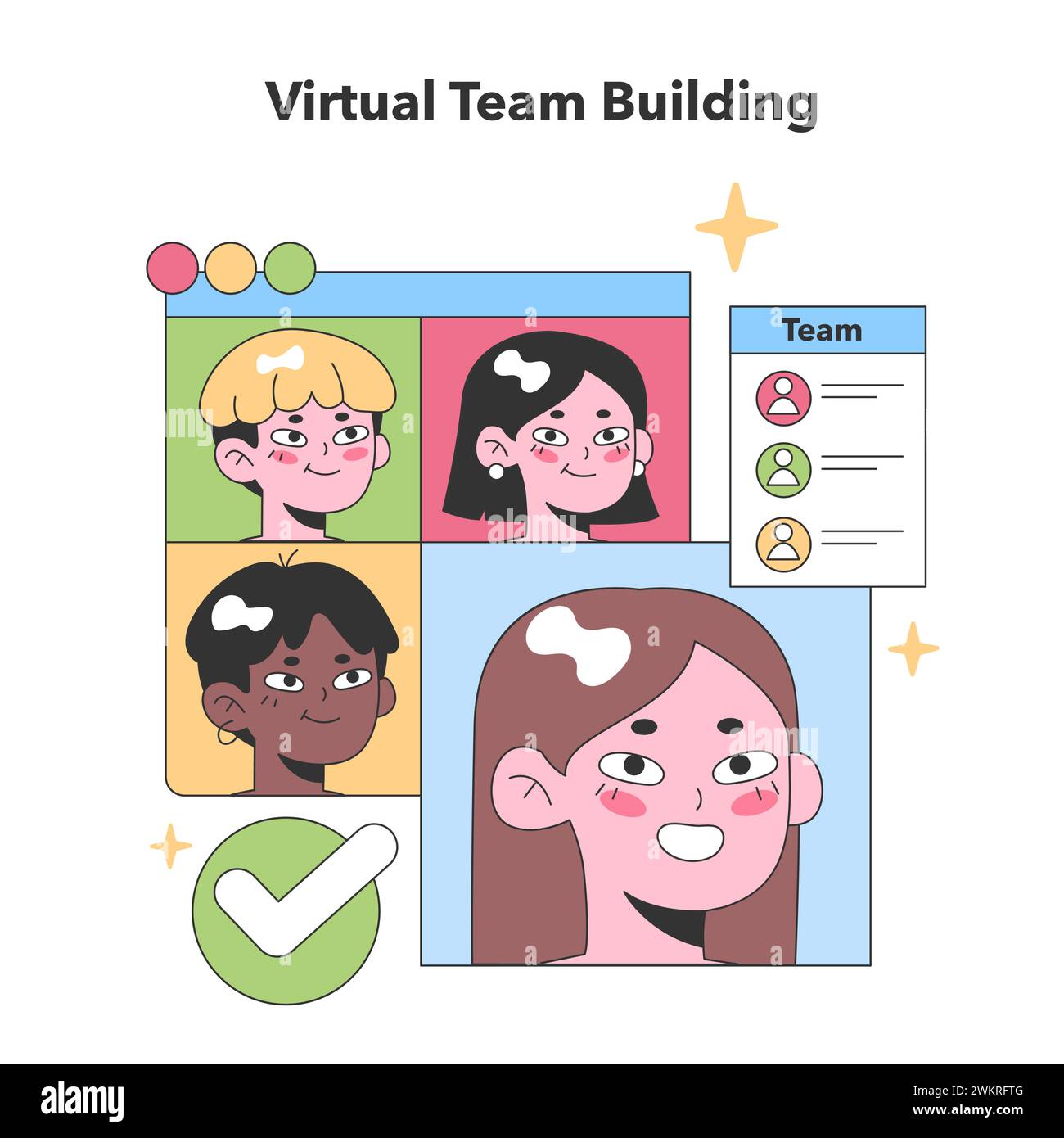 Diverse virtual team members in a colorful grid, with a checklist ...