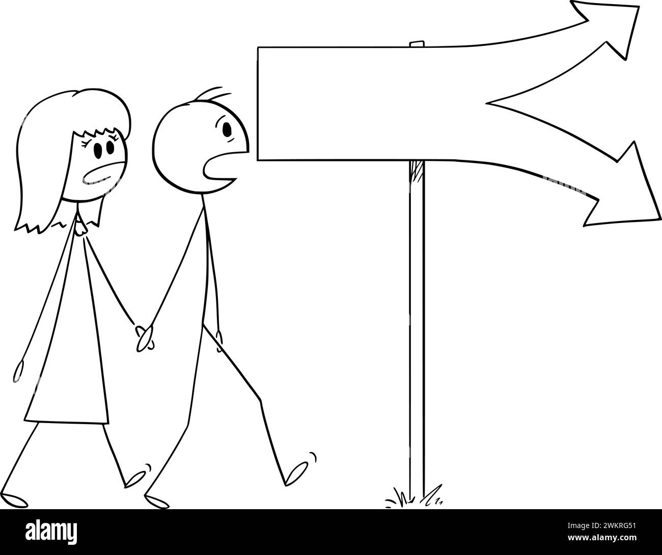 Man and Woman Walking Together and Divorce, Vector Cartoon Stick Figure ...