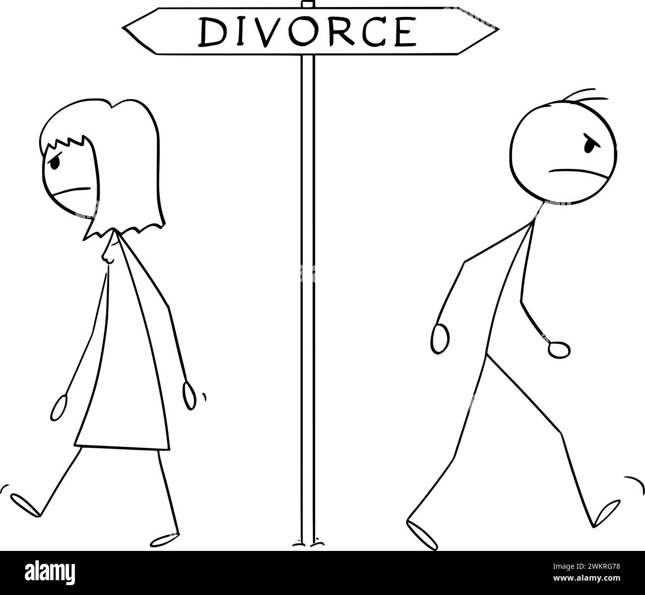 Man and Woman Walking Together and Divorce, Vector Cartoon Stick Figure ...
