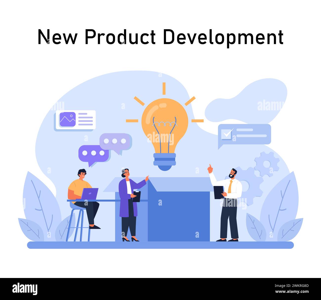 New Product Development highlighted. Team collaborates around a shining ...