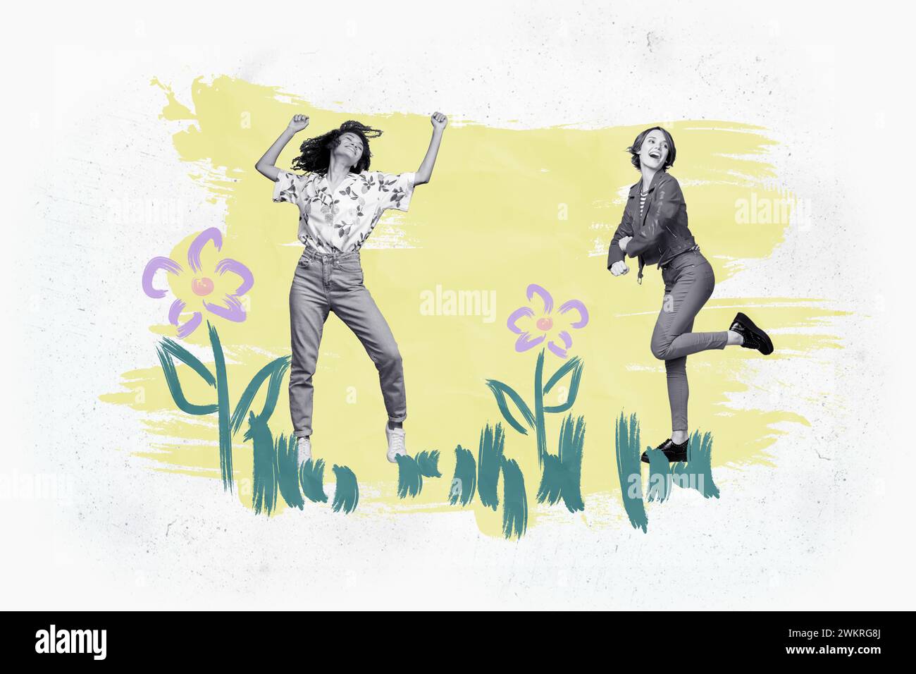 Collage portrait of two excited black white effect girls have good mood ...