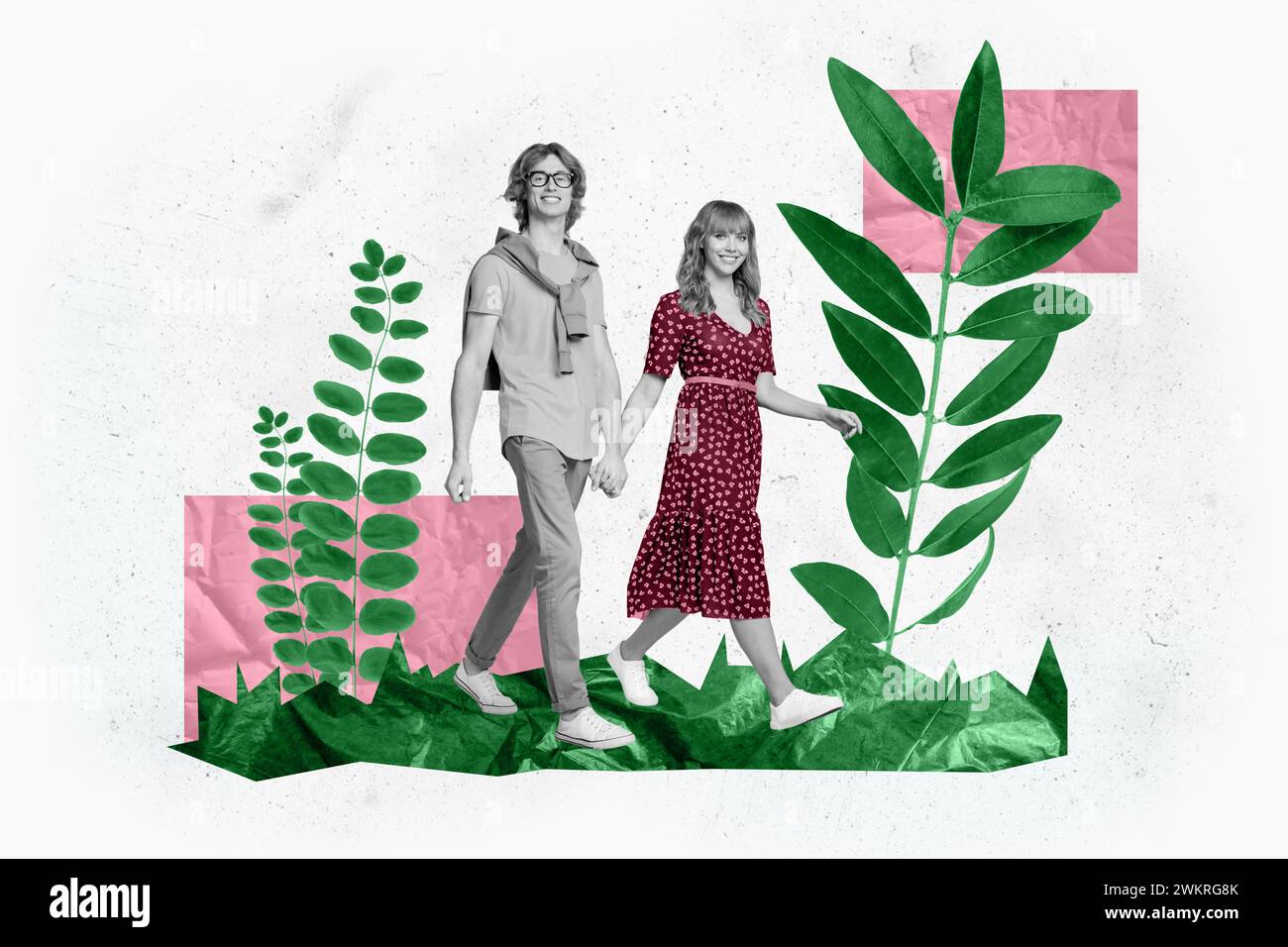 Composite collage of two peaceful black white effect partners hold arms ...