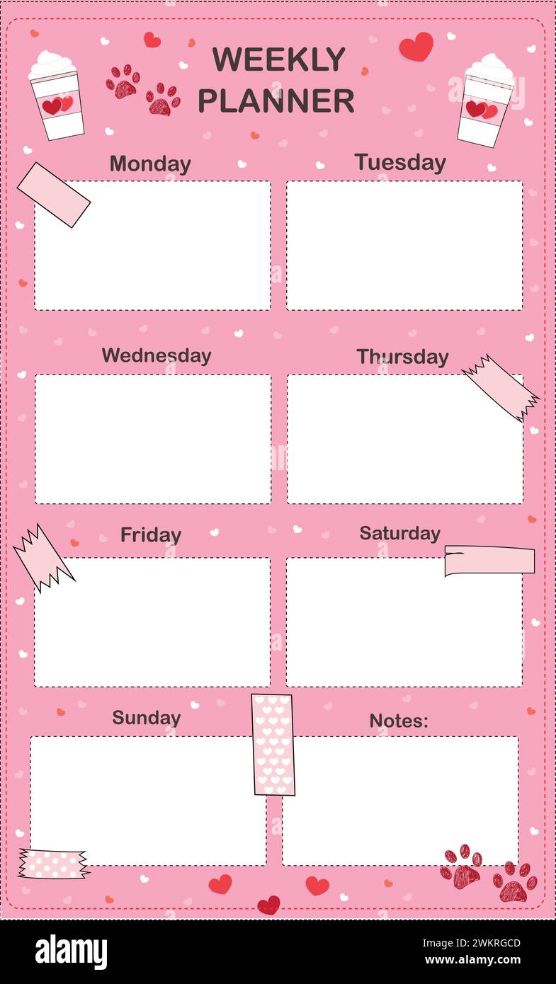 Weekly planner with paw prints vertical design. Coffee cups and paw ...
