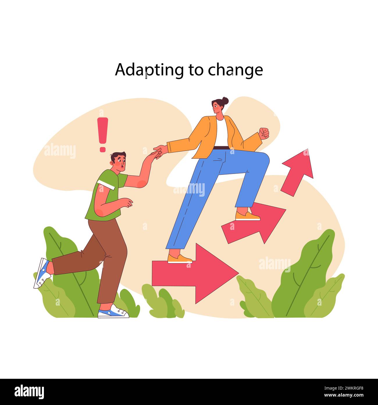 Adapting to change concept. Woman jumping on moving arrows, giving ...