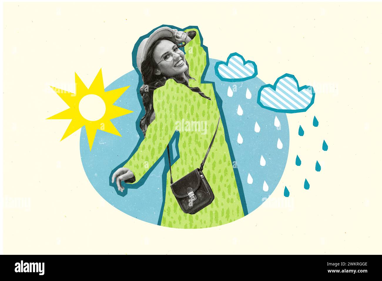 Artwork collage picture of happy smiling lady walking rainy spring ...