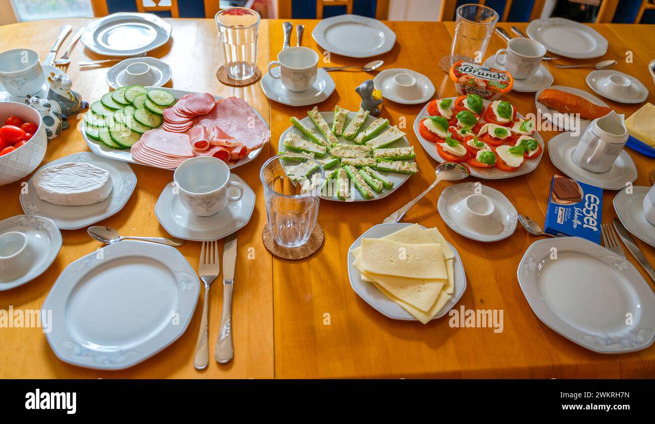 Berlin, Germany - February 17, 2024: Set breakfast table with crockery ...