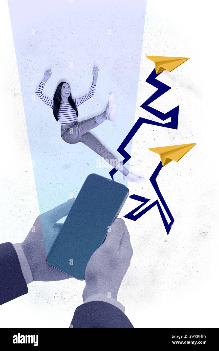 Vertical contemporary design collage of woman falling smartphone using ...