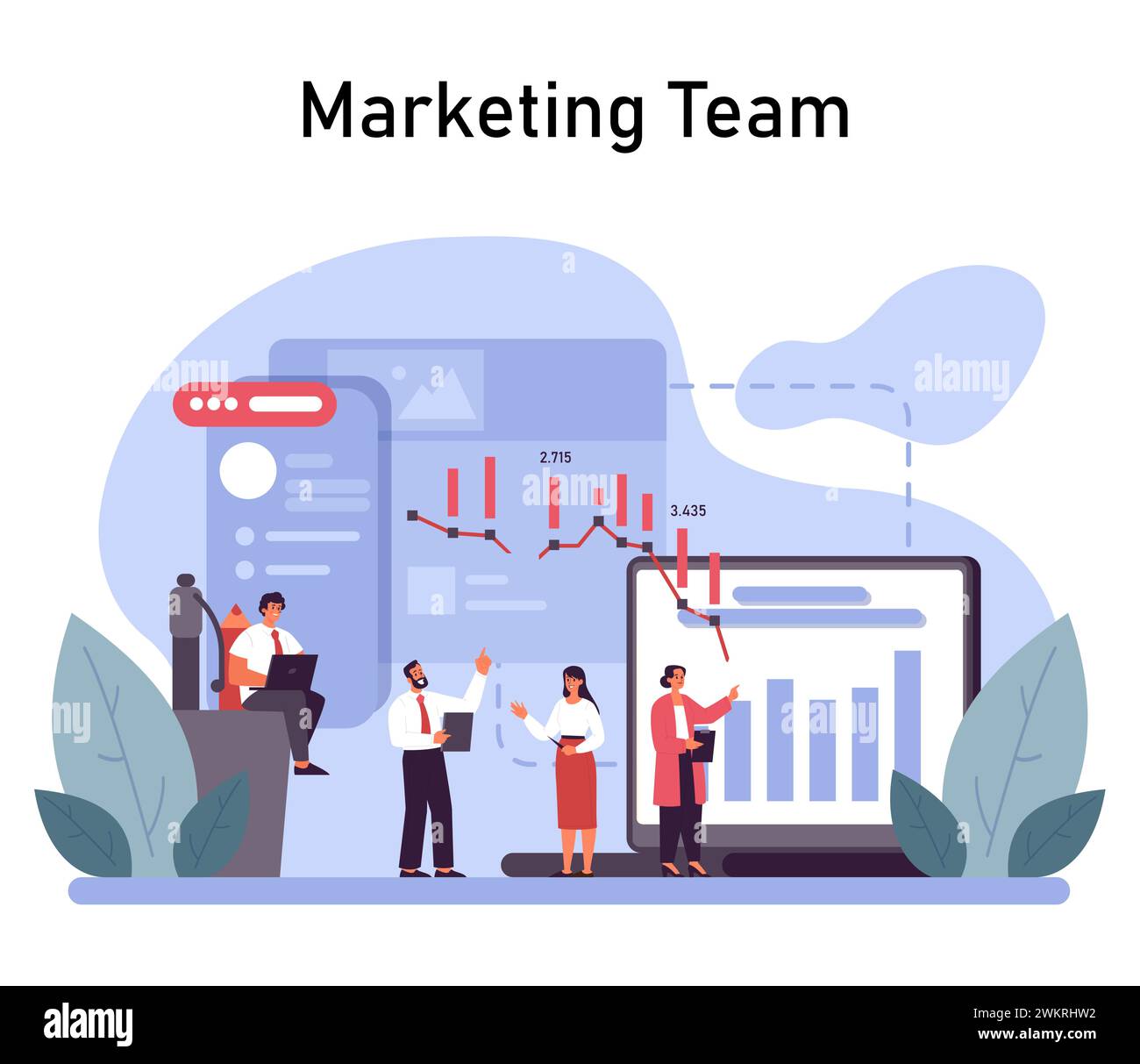 Marketing Team concept. A dynamic group of professionals analyzing data and strategies on ...