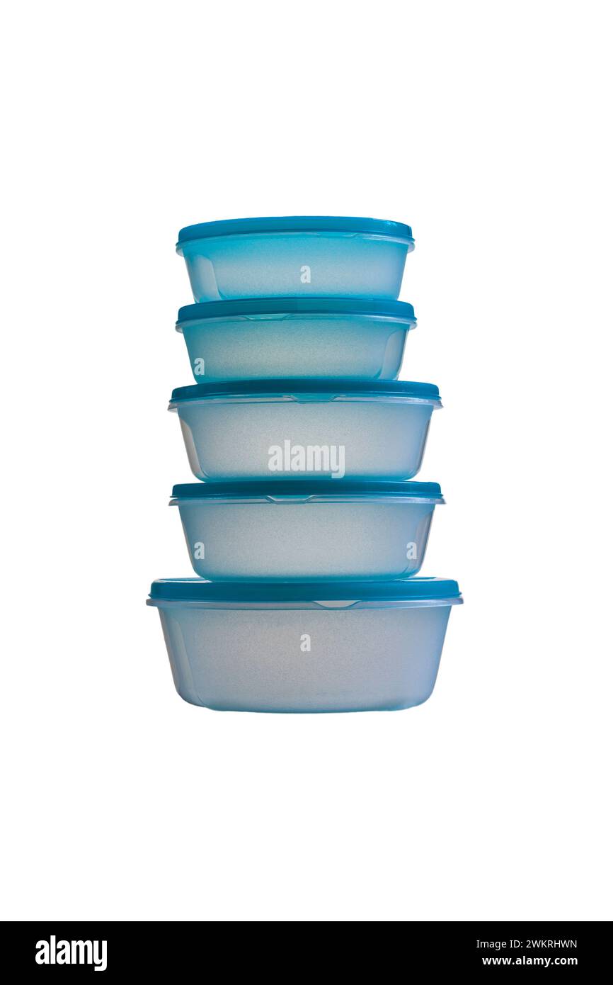 stack of round plastic food containers with lids isolated on white ...