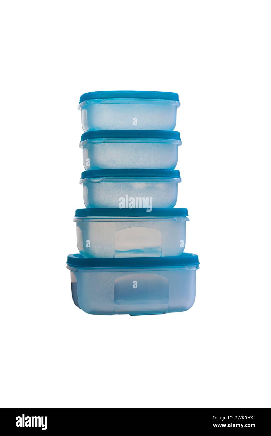 stack of square plastic food containers with lids isolated on white ...