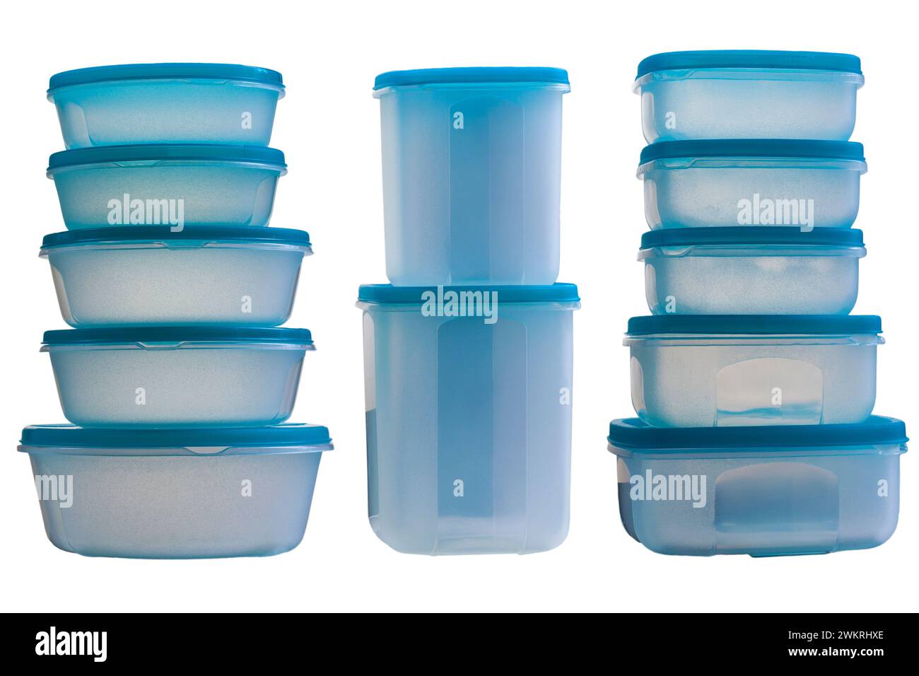 stack of plastic food containers with lids isolated on white background ...