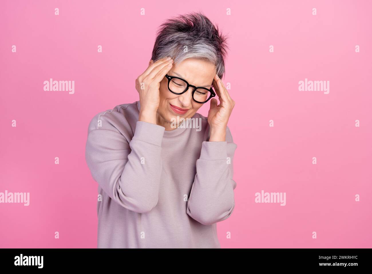 Photo of sad exhausted tired woman hand touch temples suffering ...