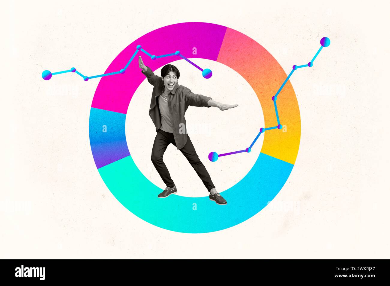 Artwork magazine collage picture of happy smiling guy showing colorful ...