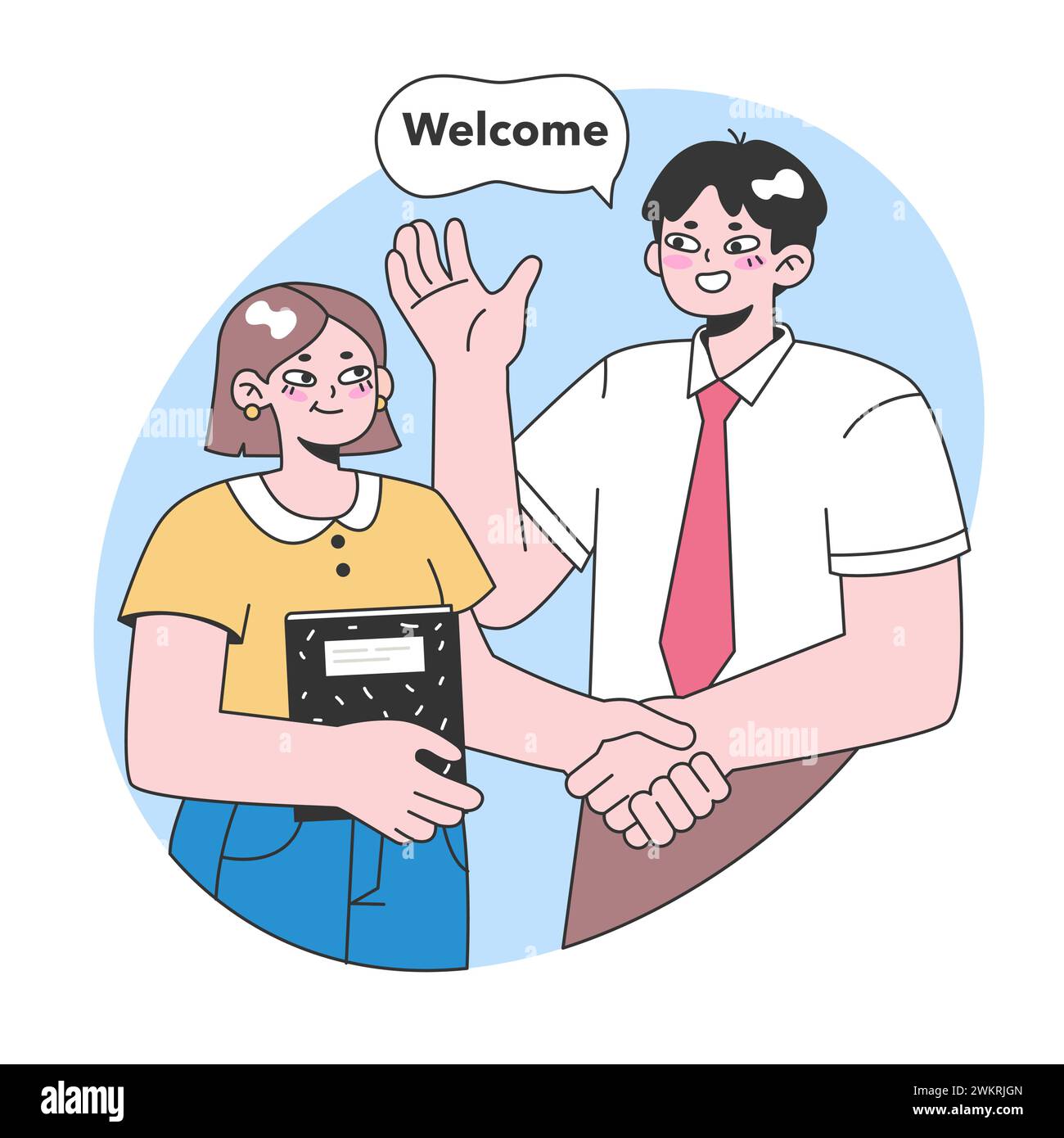 Warm welcome concept. Confident male employee greets a new female colleague with a handshake and ...