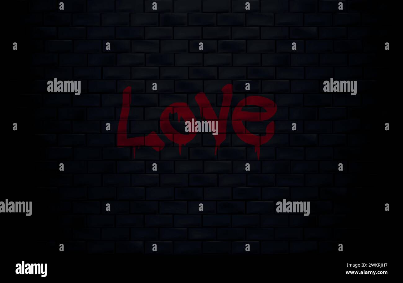 Black wall surface with love graffitti in dark bricks. Romantic lover ...