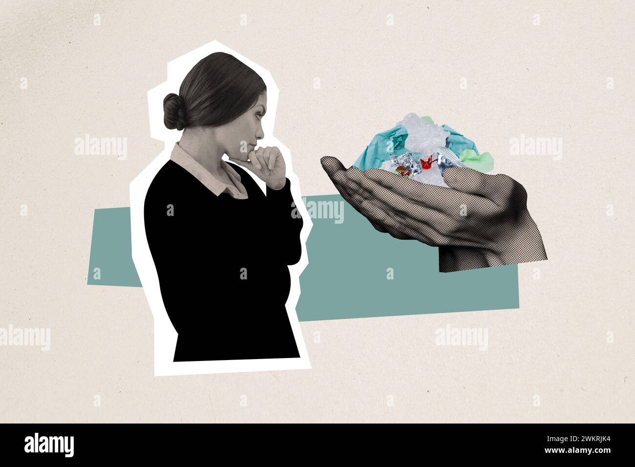 Abstract collage young woman contemplates garbage plastic environmental ...