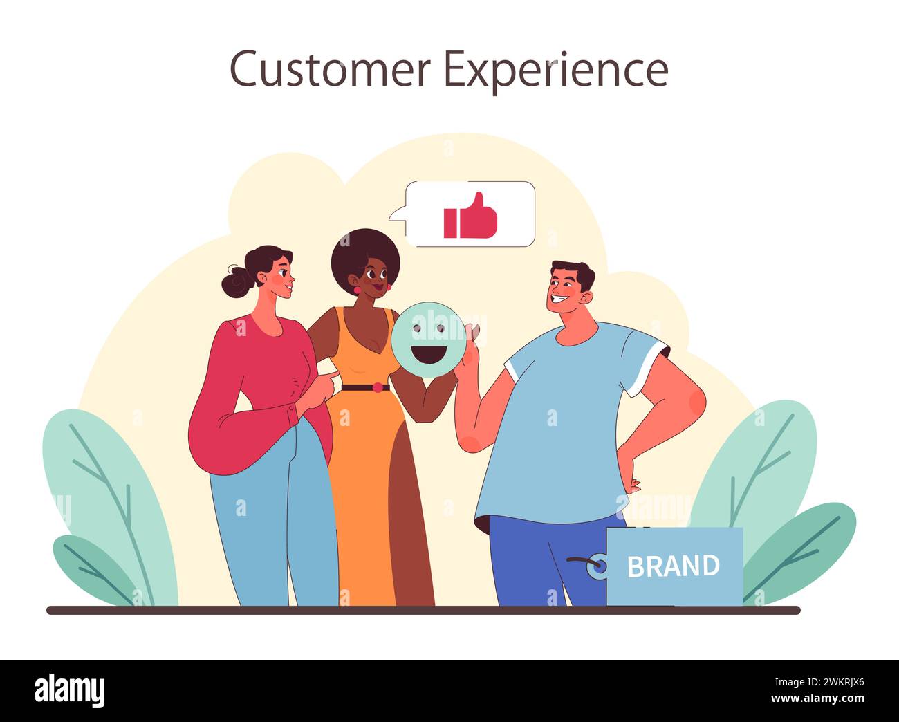 Customer Experience concept. A diverse group engaging in brand interaction with positive ...