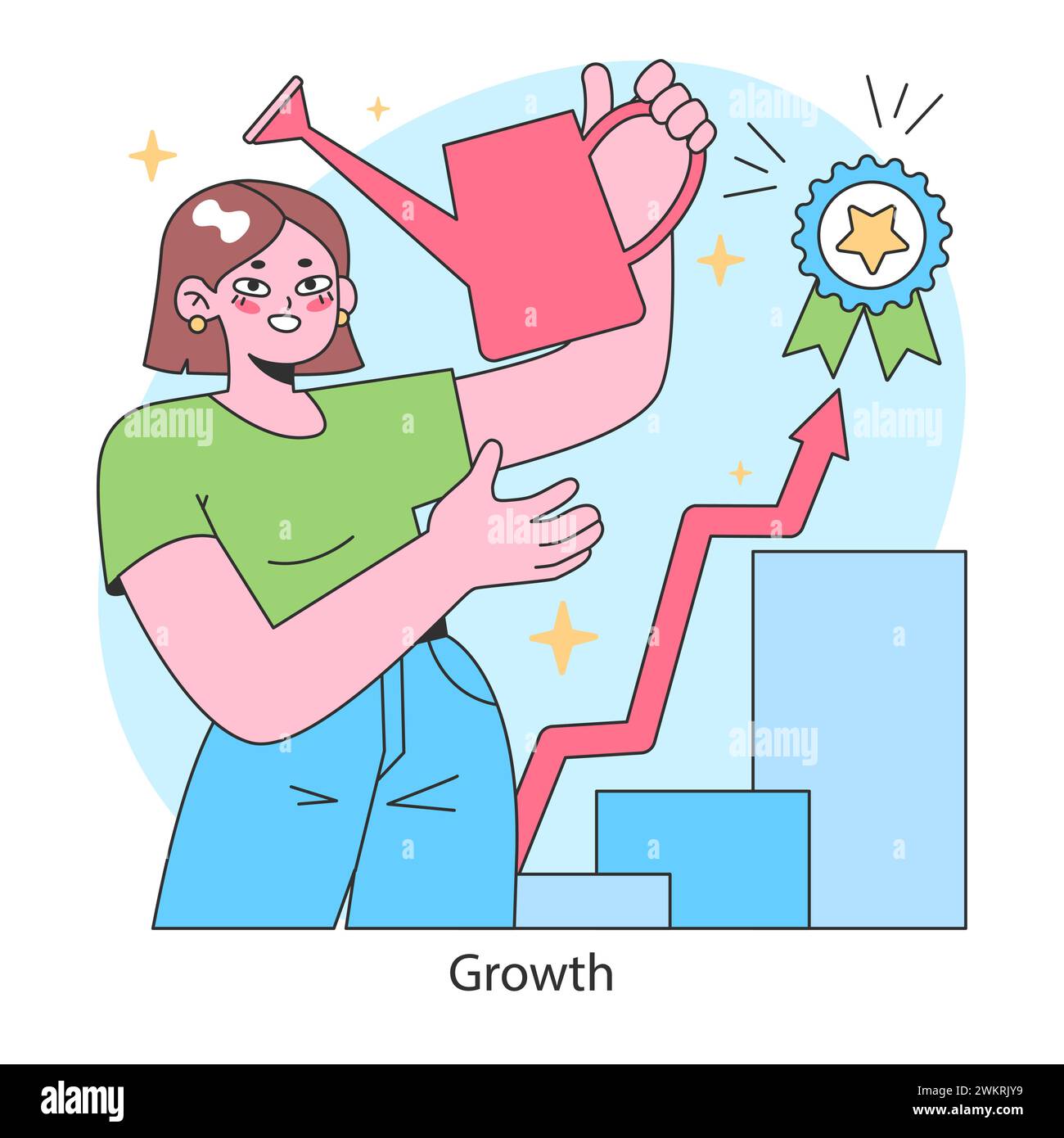 Growth concept. Woman cultivates progress, symbolized by a watering can ...