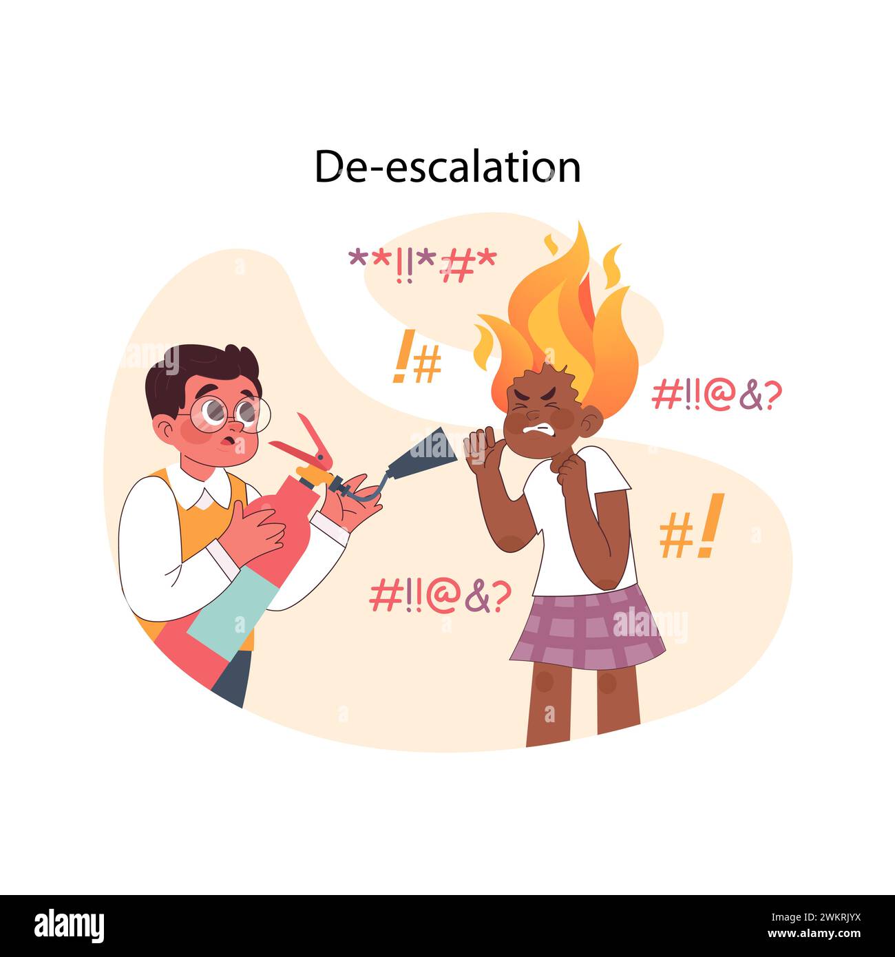 De-escalation concept. Illustration of a child using calmness to soothe ...