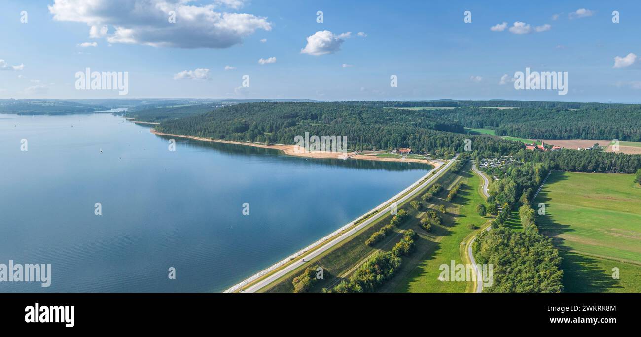 Aerial view to the Great Brombach Lake around the dam in the Franconain ...