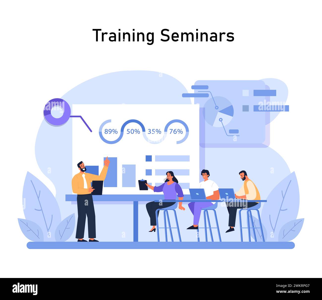 Training Seminars concept. Engaged instructor presents data insights as attentive employees ...