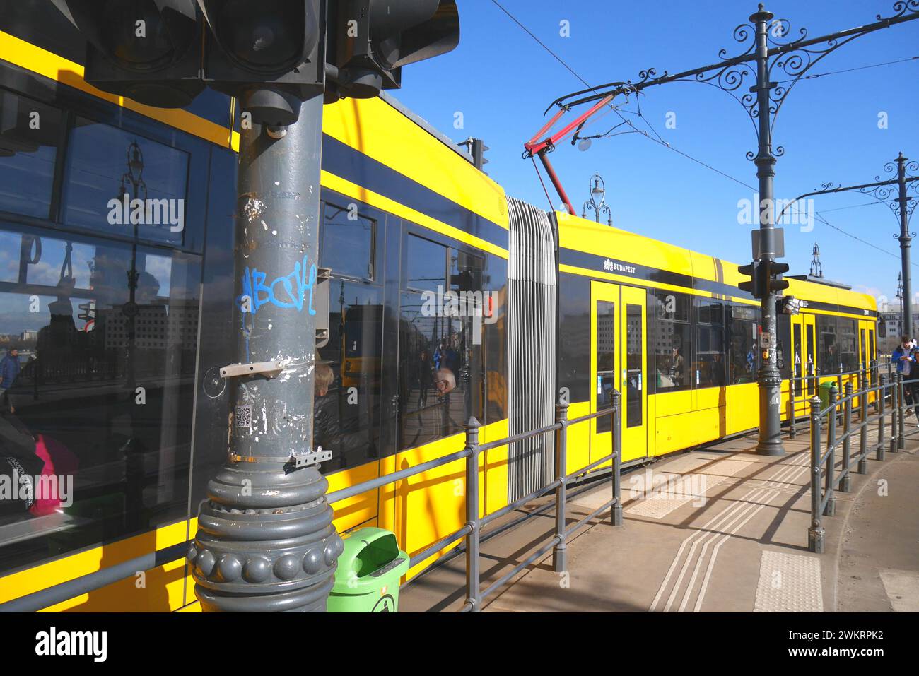 A tram crossing Margit Hid, Margaret Bridge, spanning the River Danube ...