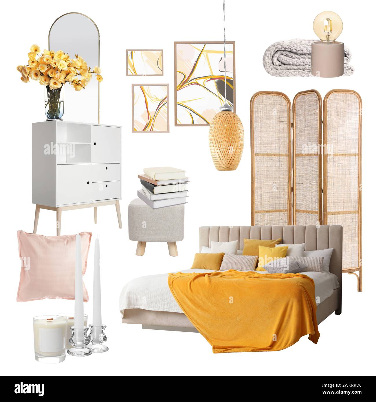 Stylish bedroom interior with different decorative elements and ...