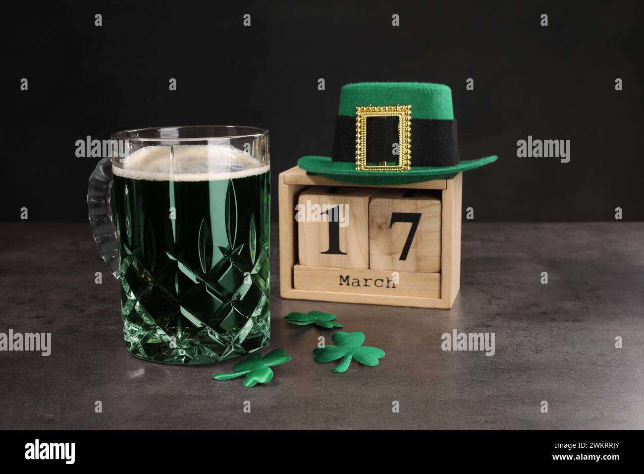 St. Patrick's day celebrating on March 17. Green beer, wooden block ...
