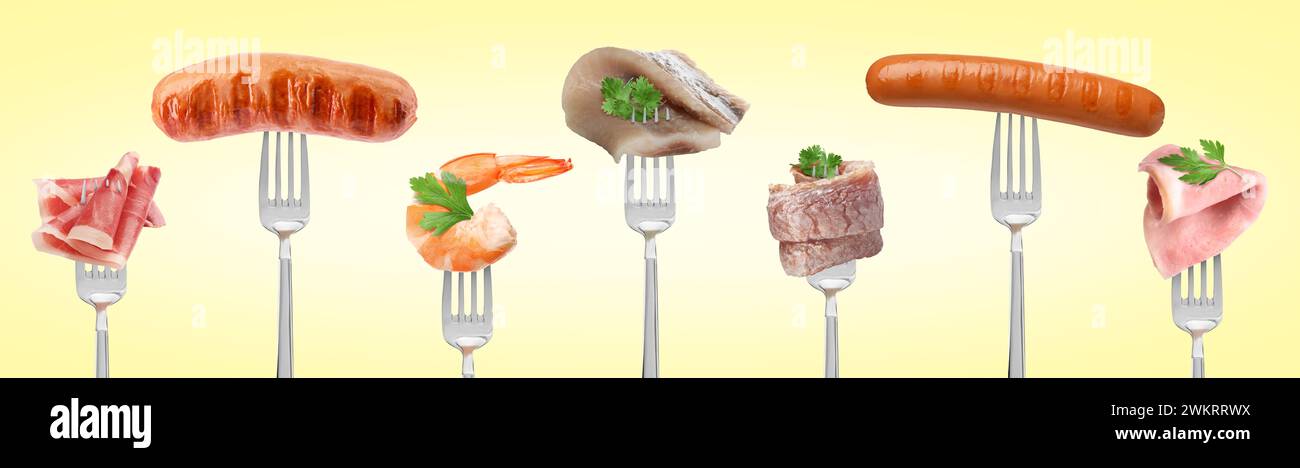 Forks with different food products on color background, collection ...