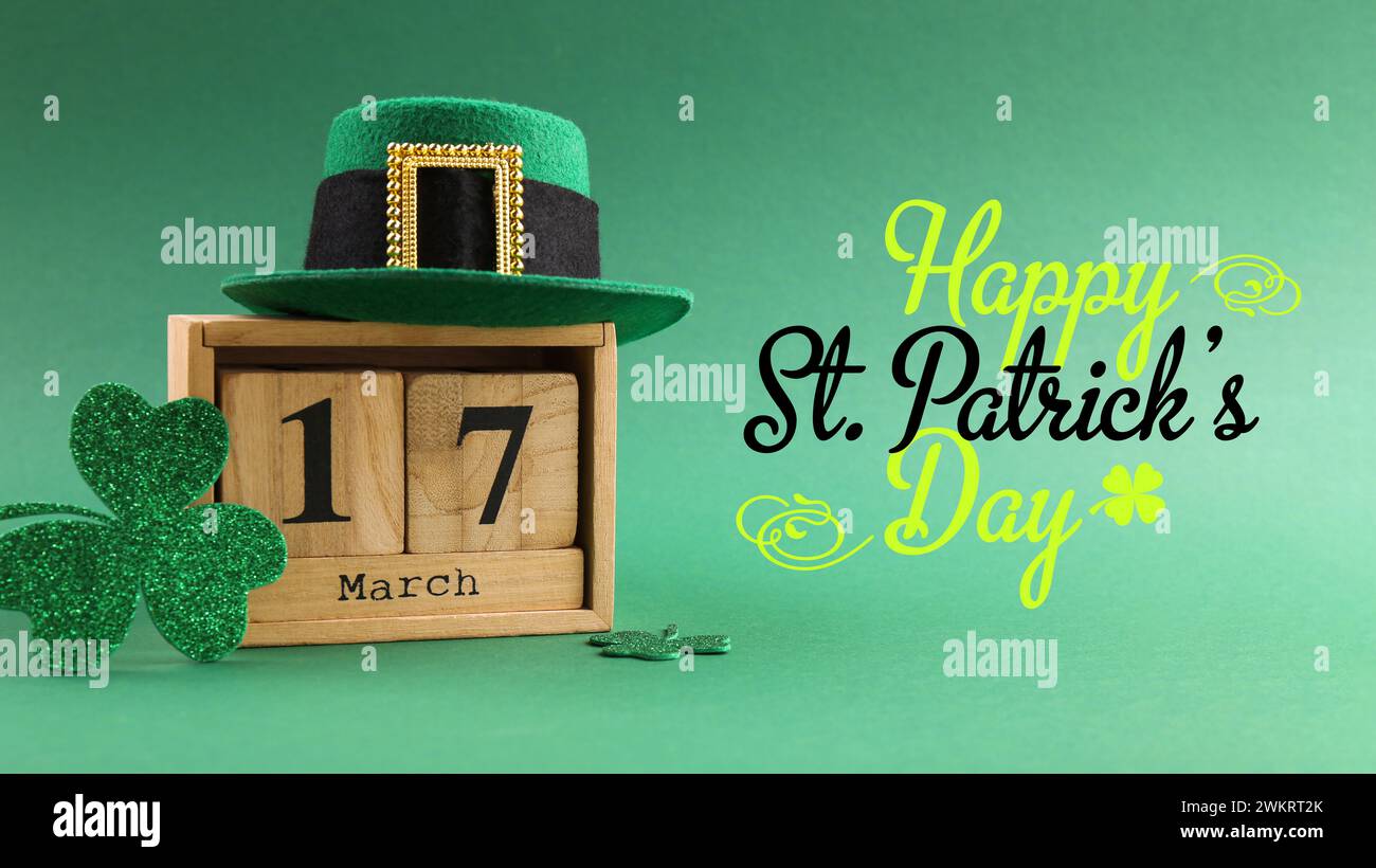 Happy St. Patrick's day card. Wooden block calendar with date March 17 ...