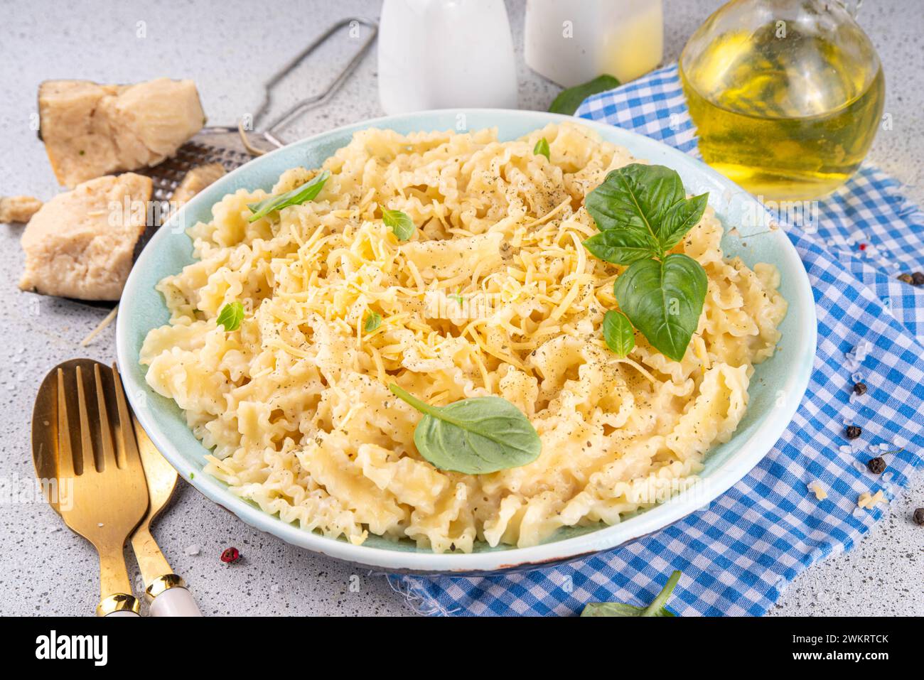 Mafaldine pasta with white sauce, italian bechamel, creamy cheese sauce ...